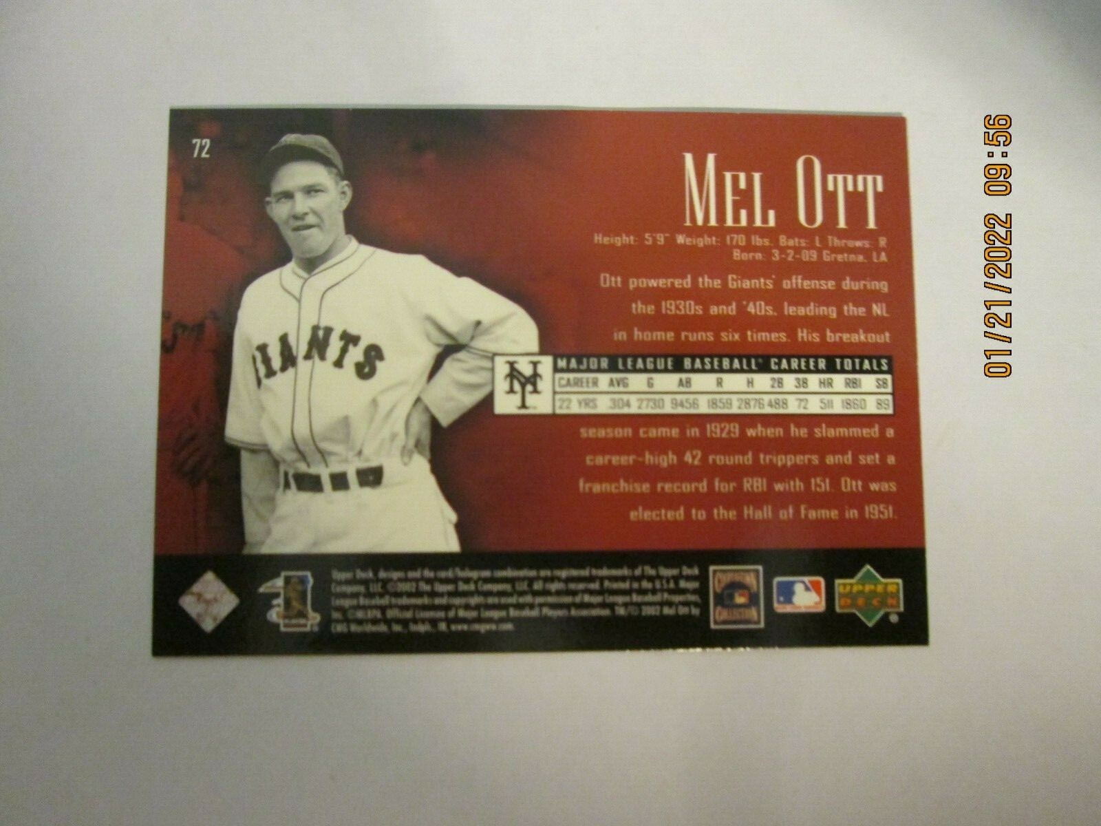 MEL OTT NEW YORK GIANTS 2002 UPPER DECK PIECE OF HISTORY CARD #72 | eBay