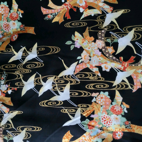 White Cranes Flying Above Noshi Ribbon Bundles on Black Japanese Cotton ...
