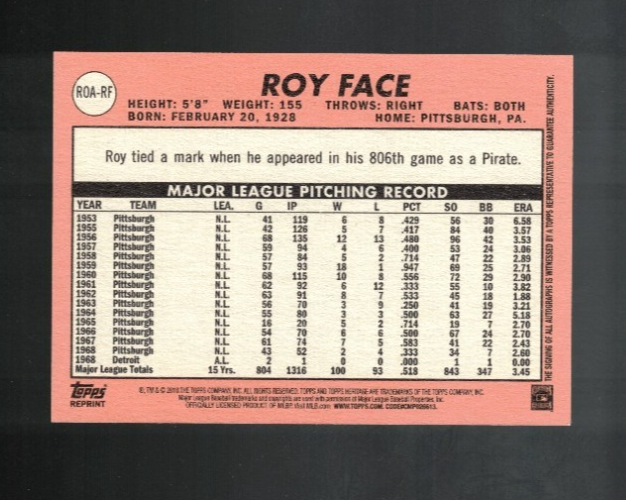 Roy Face 2018 Topps Heritage Real One Auto | eBay
