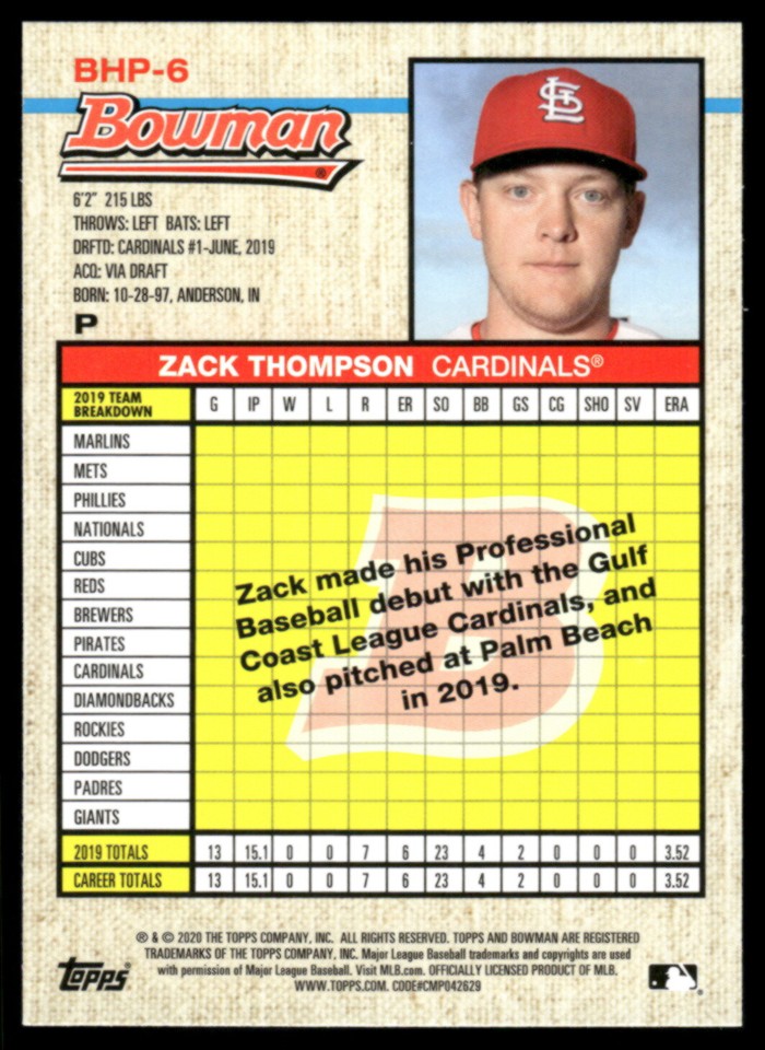 2020 Bowman Heritage #BHP-6 Zack Thompson Prospects | eBay