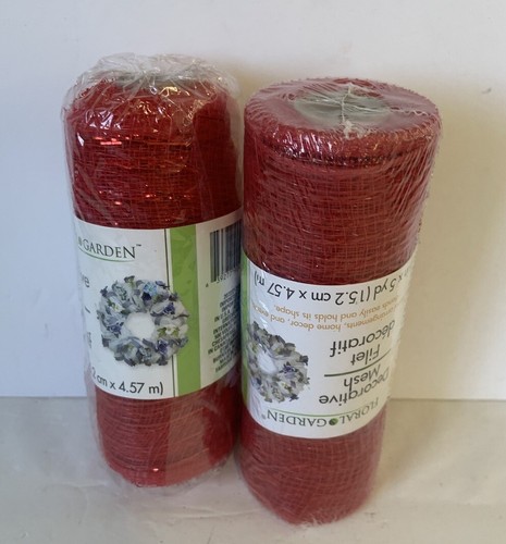 2 Rolls Of Red Mesh Ribbon FLORAL GARDEN Brand Decorative 6" X 5 Yards ...