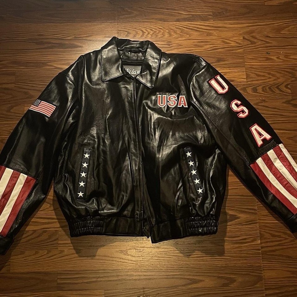 Men's Vilanto Leather Motorcycle Riding Jacket Eagle Flag USA w/Liner ...