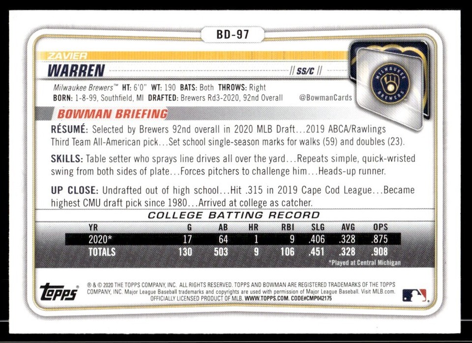 2020 Bowman Draft Zavier Warren G236 Milwaukee Brewers #BD-97 | eBay