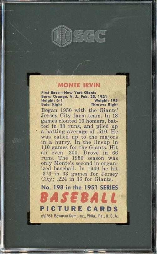 1951 Bowman #198 Monte Irvin - New York Giants - HOF - SGC 5 EX ...