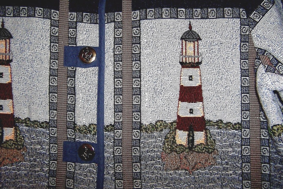 Blue Brocade Lighthouse Print Jacket w/Silver Anchor Shaped Buttons ...