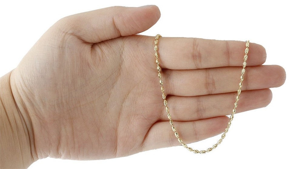 10K Yellow Gold 2MM Rice Typhoon Moon Cut Italian Bead Chain Necklace ...