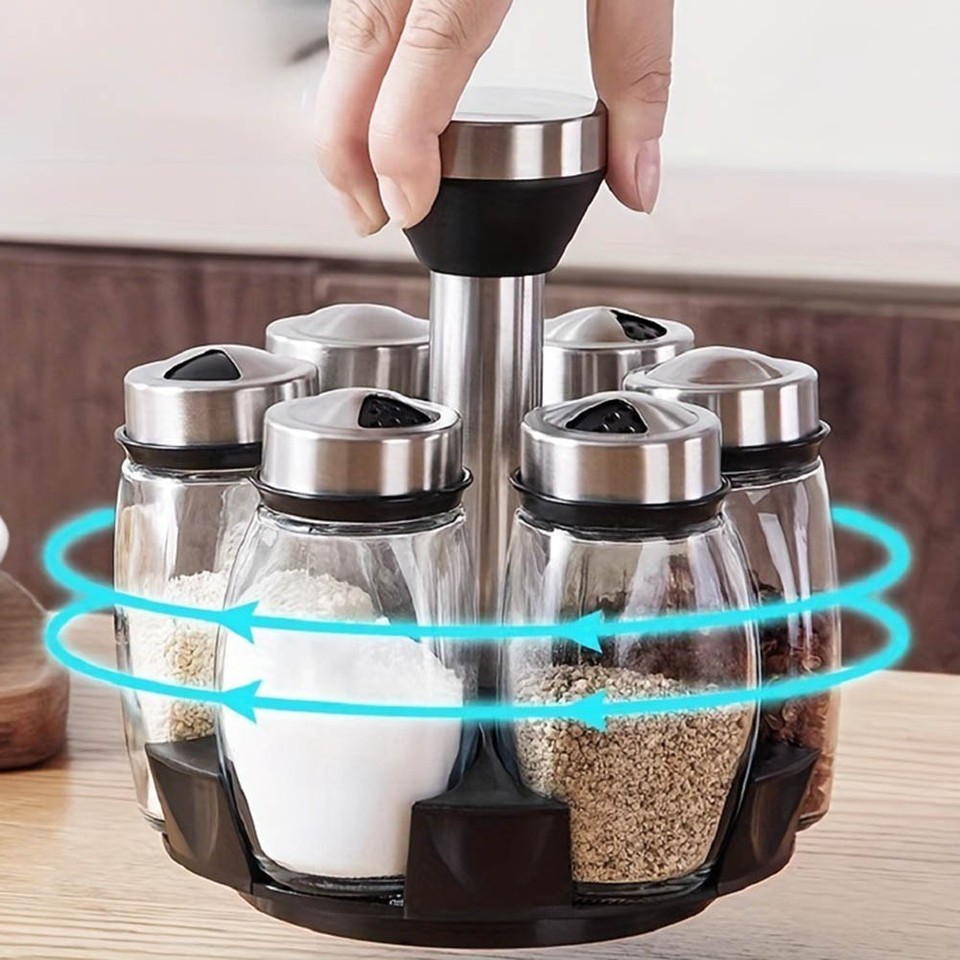 Rotating Spice Rack Glass Jars Set Six Glass Containers Lead-free Glass ...