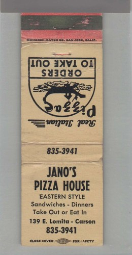 Matchbook Cover - Pizza Place - Jano's Pizza House Carson, CA | eBay