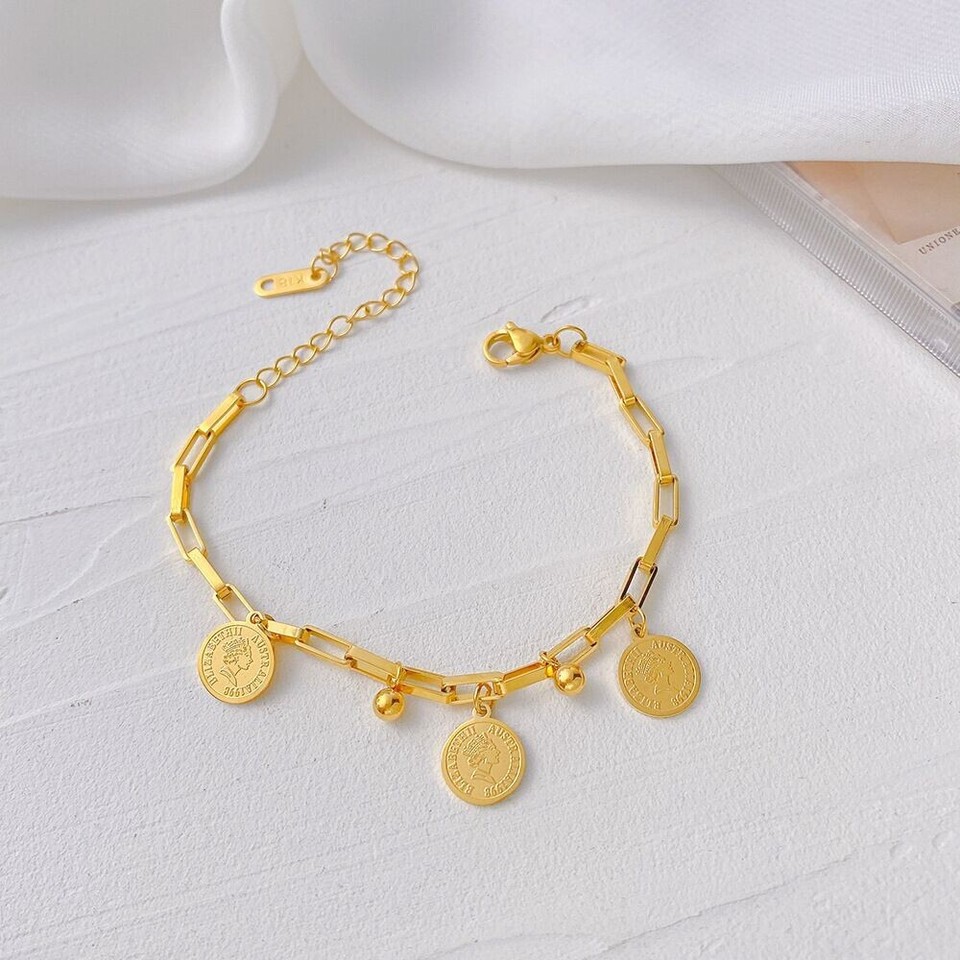 Woman 18K Gold Plated Elizabeth Queen Beaded Charm Box Chain Bracelet ...