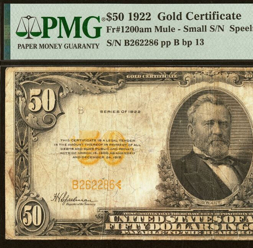 $50 1922 Gold Certificate Mule PMG 20 - Small Serial Number Variety Fr ...
