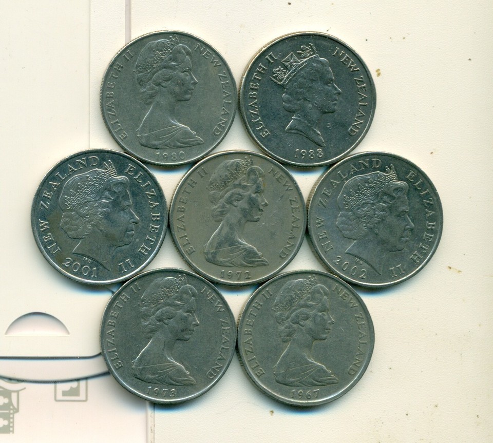7 - 50 CENT COINS w/ SHIPS from NEW ZEALAND (1967/1972/1973/1980/1988 ...