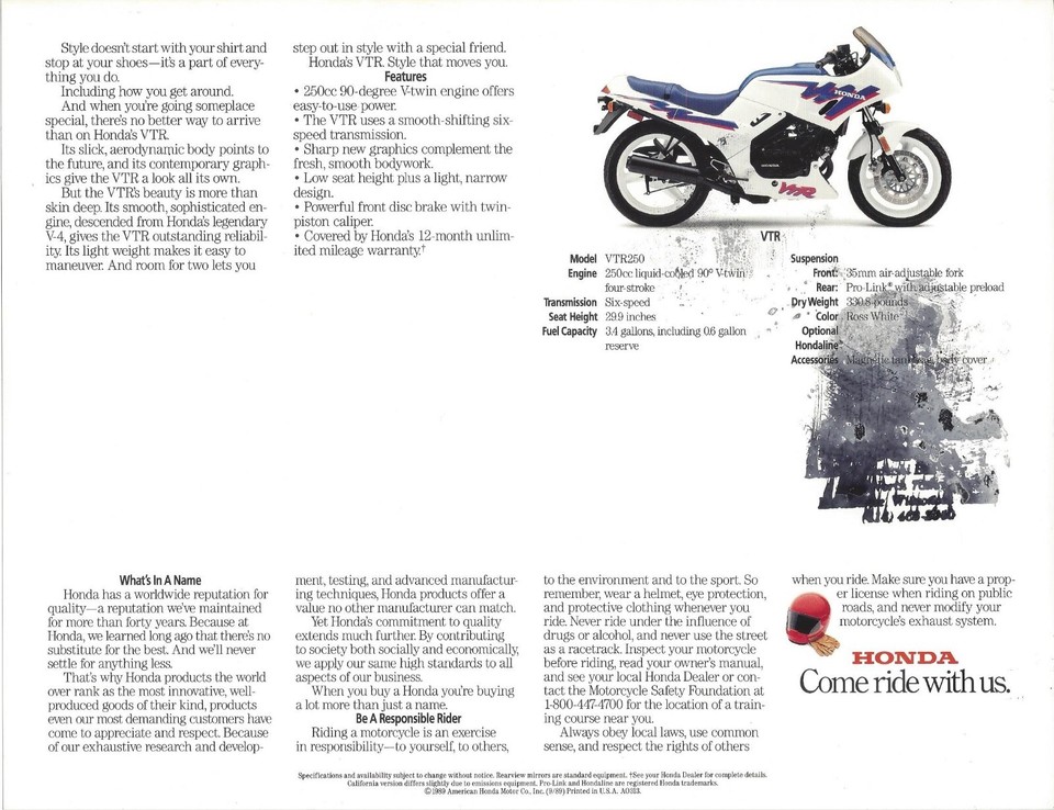 HONDA 1990 BROCHURE VTR250 SINGLE SHEET 2 SIDES AS NEW ORIGINAL | eBay