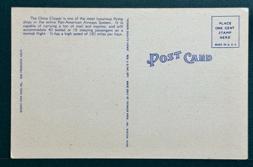SAN FRANCISCO "Pan-American Airways China Clipper" Postcard Linen c1936 ...