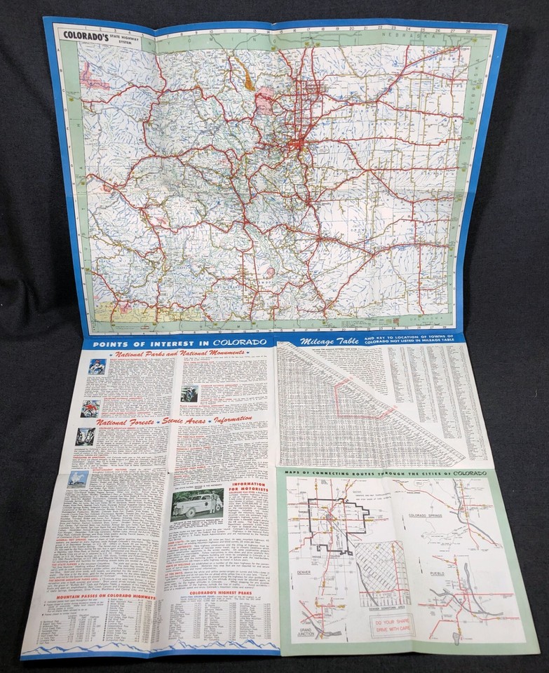 1949 Colorful Colorado State Highway Department Denver Travel Map ...