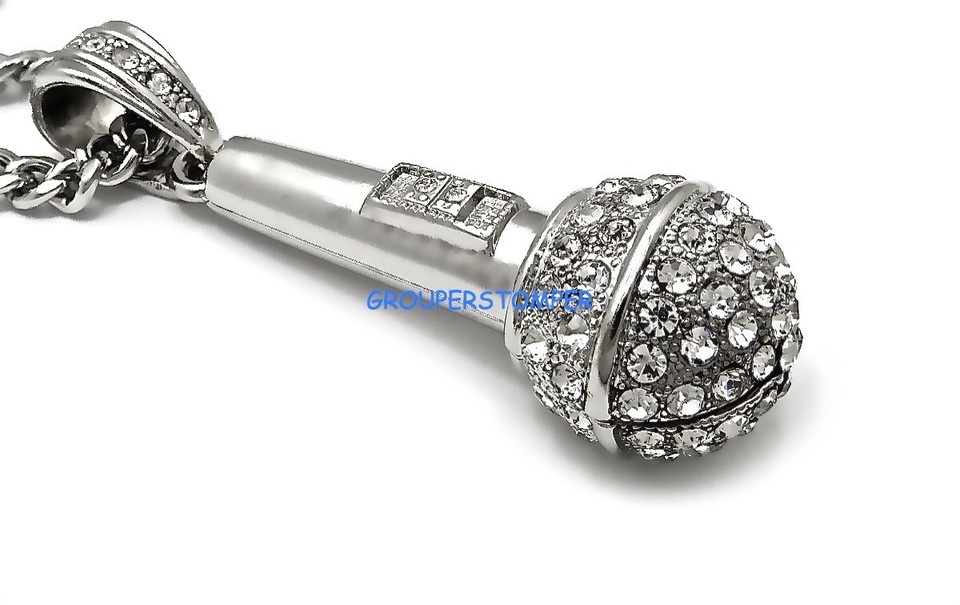 Microphone Necklace Rhinestone Pendant with Cuban Link Chain Mic DJ | eBay