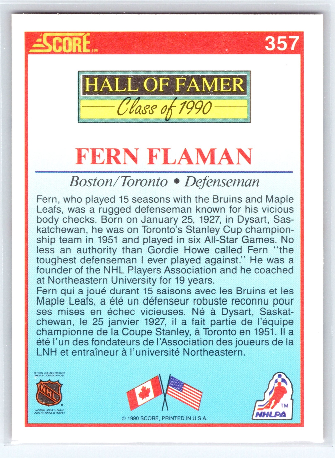 1990 Score Canadian #357 Fern Flaman Hockey Boston Bruins | eBay