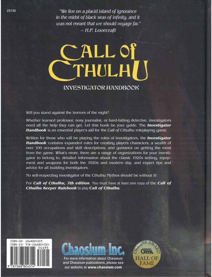 Call of Cthulhu 7TH Edition Investigator Handbook HC NEW Chaosium COC ...