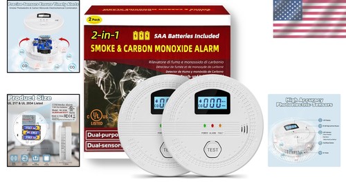 2-in-1 Smoke & Carbon Monoxide Detector Dual Sensor Fire Alarm 2 Pack ...