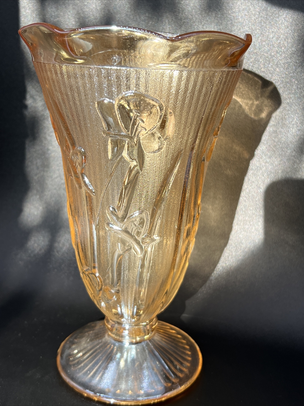 Vintage Jeanette Glass Raised Iris and Herringbone 9" Footed Vase | eBay