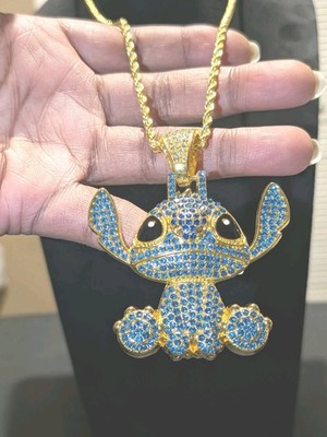 Stitch Character Rhinestone Pendant on Gold-Tone Bling Hip Hop Necklace ...