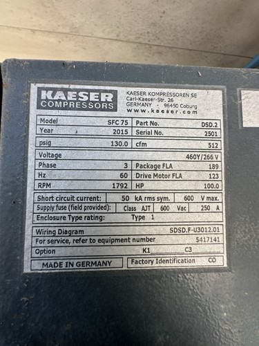 Kaeser SFC 75 Air Compressor 100 HP 439 CFM 125 PSI Rotary Screw ...