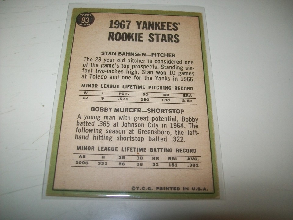 1967 TOPPS RC STAN BAHNSEN AUTOGRAPH SIGNED AUTO #93 MURCER NEW YORK ...