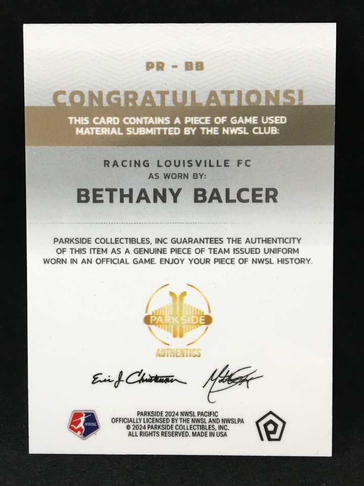 Bethany Balcer 2024 Parkside NWSL Pacific Relic GAME WORN Racing ...