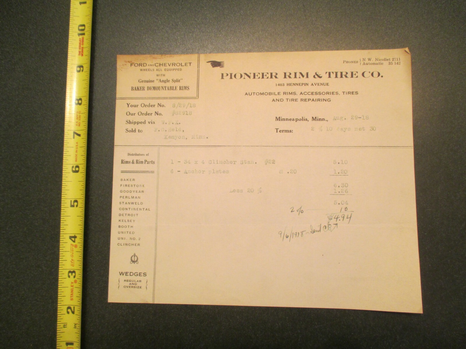 Pioneer Rim and Tire CO Ford Chevrolet Wheels 1918 Invoice Letterhead ...