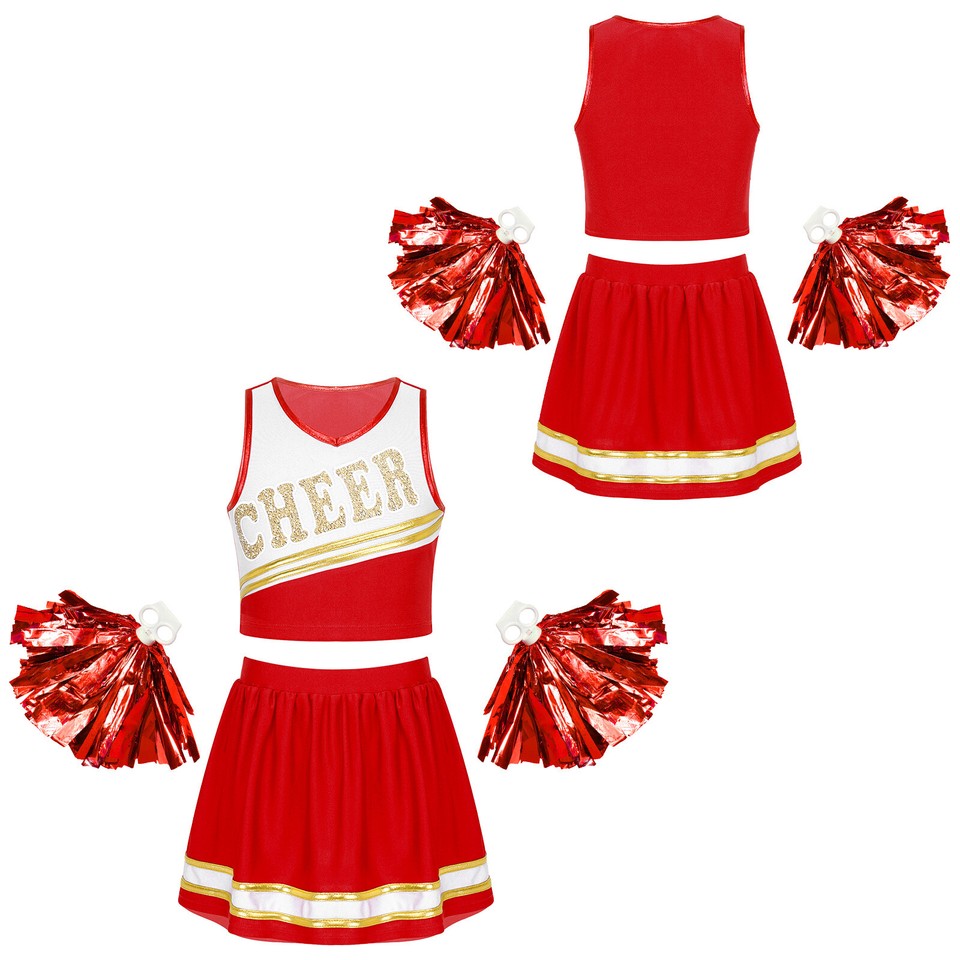 Girls Cheerleader Costume Kids Cheer Outfit Uniform Dress with Pom Poms ...