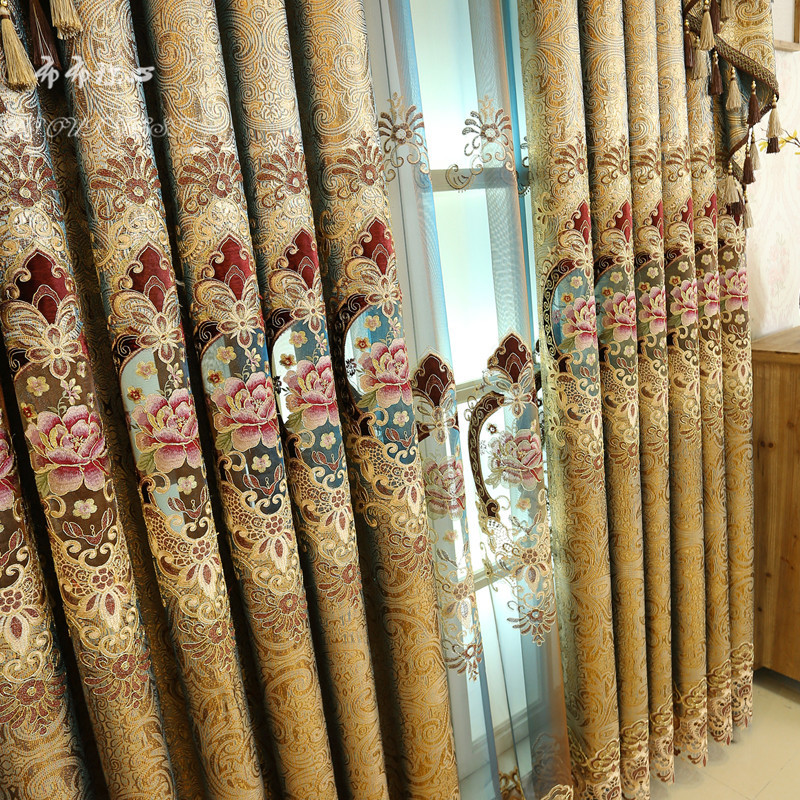 European luxury golden embroidered jacquard cloth curtain tulle valance ...