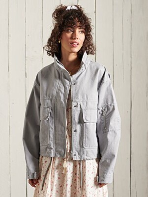 SUPERDRY Women's Cropped Bora Jacket Denim Skylark Gray Zip Button Hood ...