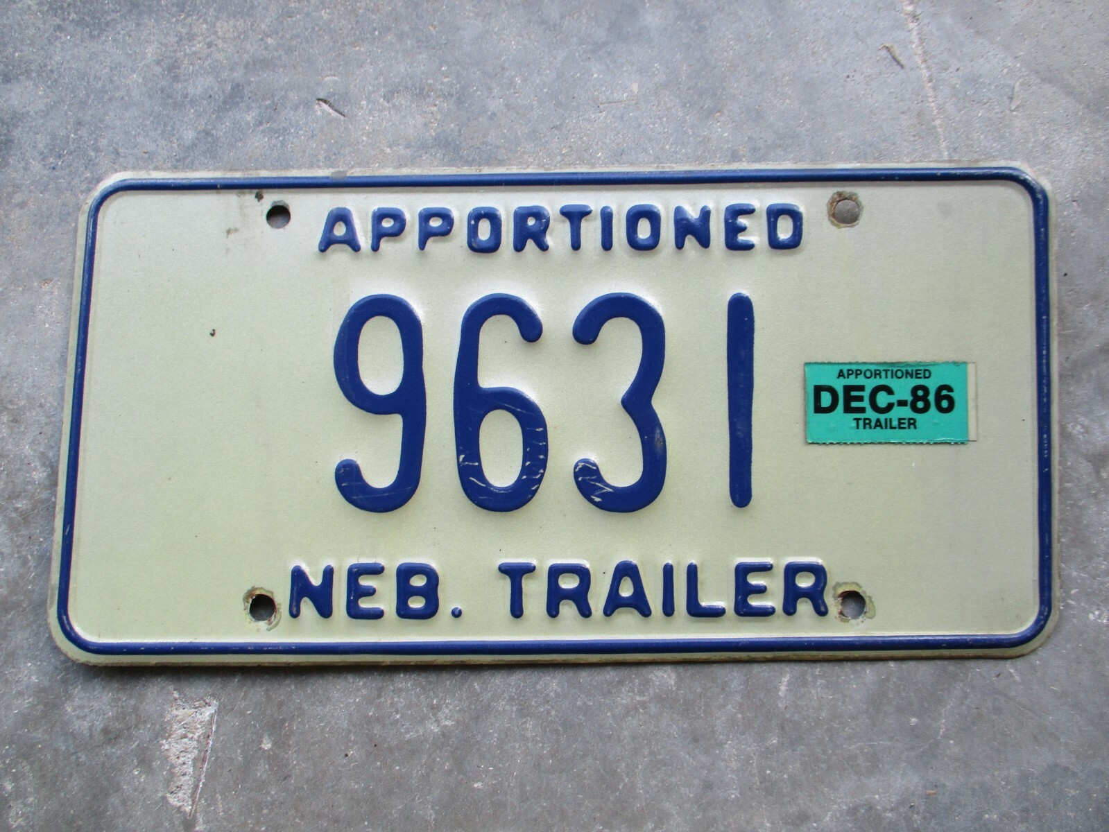 Nebraska 1986 Apportioned Trailer license plate # 9631 | eBay