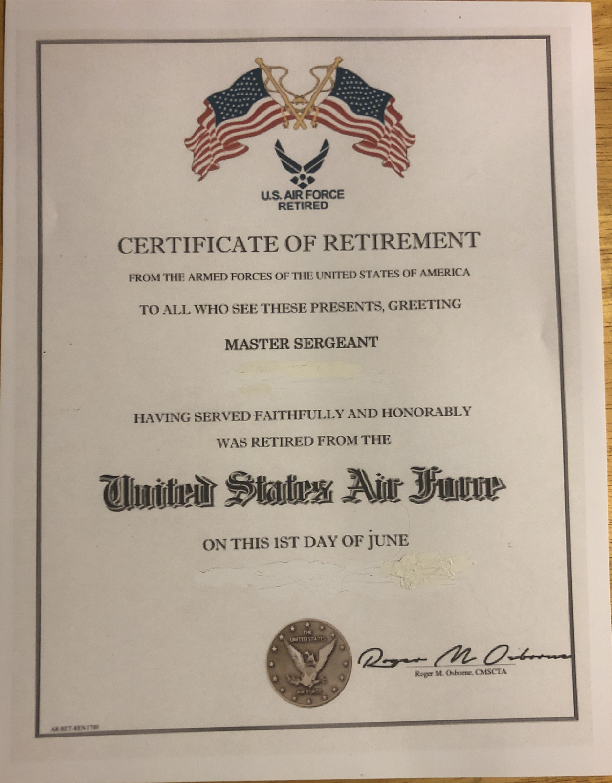 U.S.Air Force Certificate Of Retirement-Comes Blank-Fill In Your Own ...