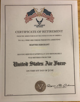 U.S.Air Force Certificate Of Retirement-Comes Blank-Fill In Your Own ...