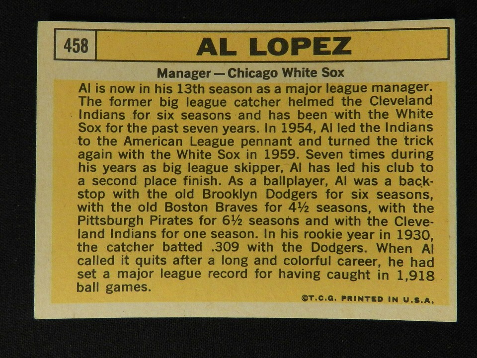 1963 TOPPS #458 AL LOPEZ BASEBALL CARD HIGH NUMBER | eBay