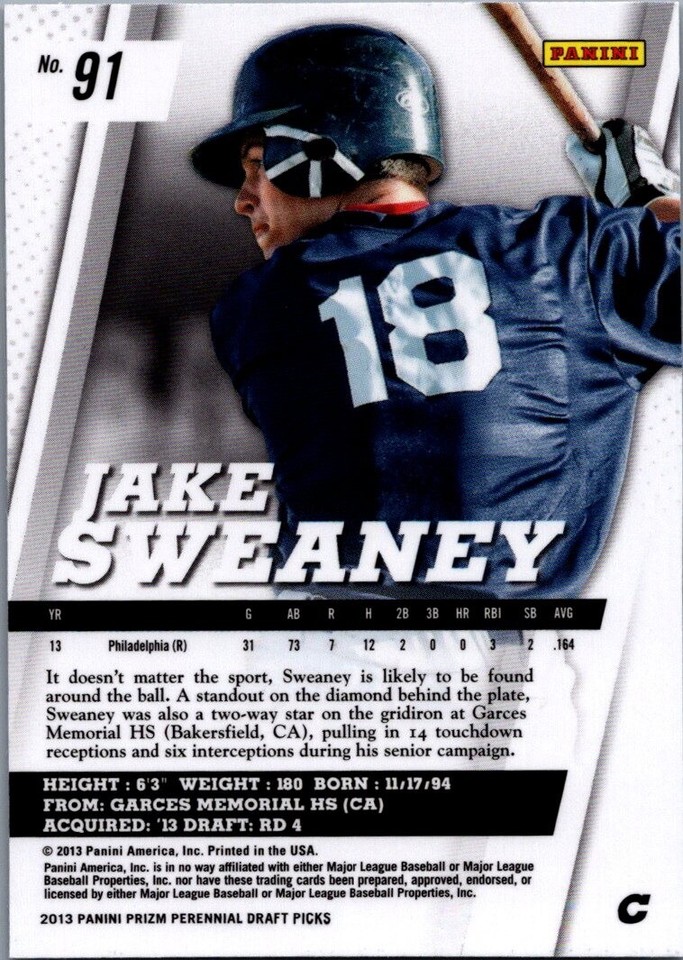 2013 Panini Prizm Perennial Draft Picks #91 Jake Sweaney Philadelphia ...