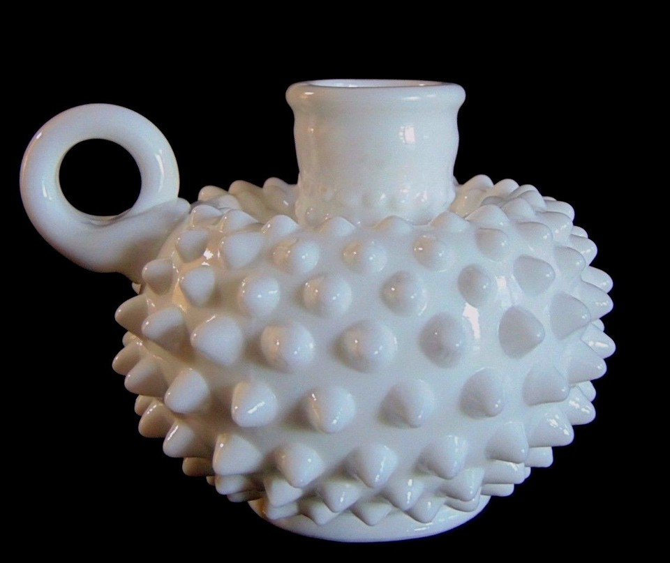 FENTON HOBNAIL WHITE MILK GLASS FINGER LOOP HANDLE CANDLE HOLDER - RARE ...