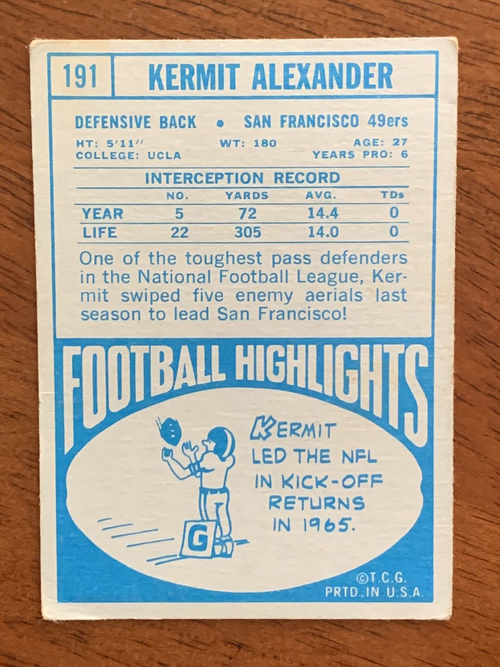 1968 Topps Football Card #191 - Kermit Alexander, San Francisco 49ers ...