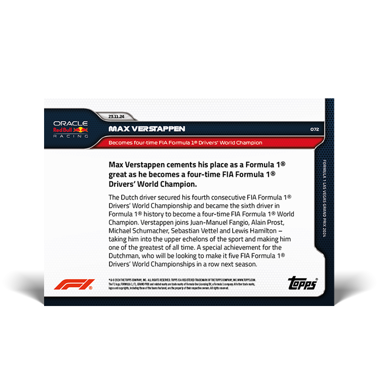 Max Verstappen Drivers' World Champion 2024 Formula 1 Topps NOW Card 72 ...
