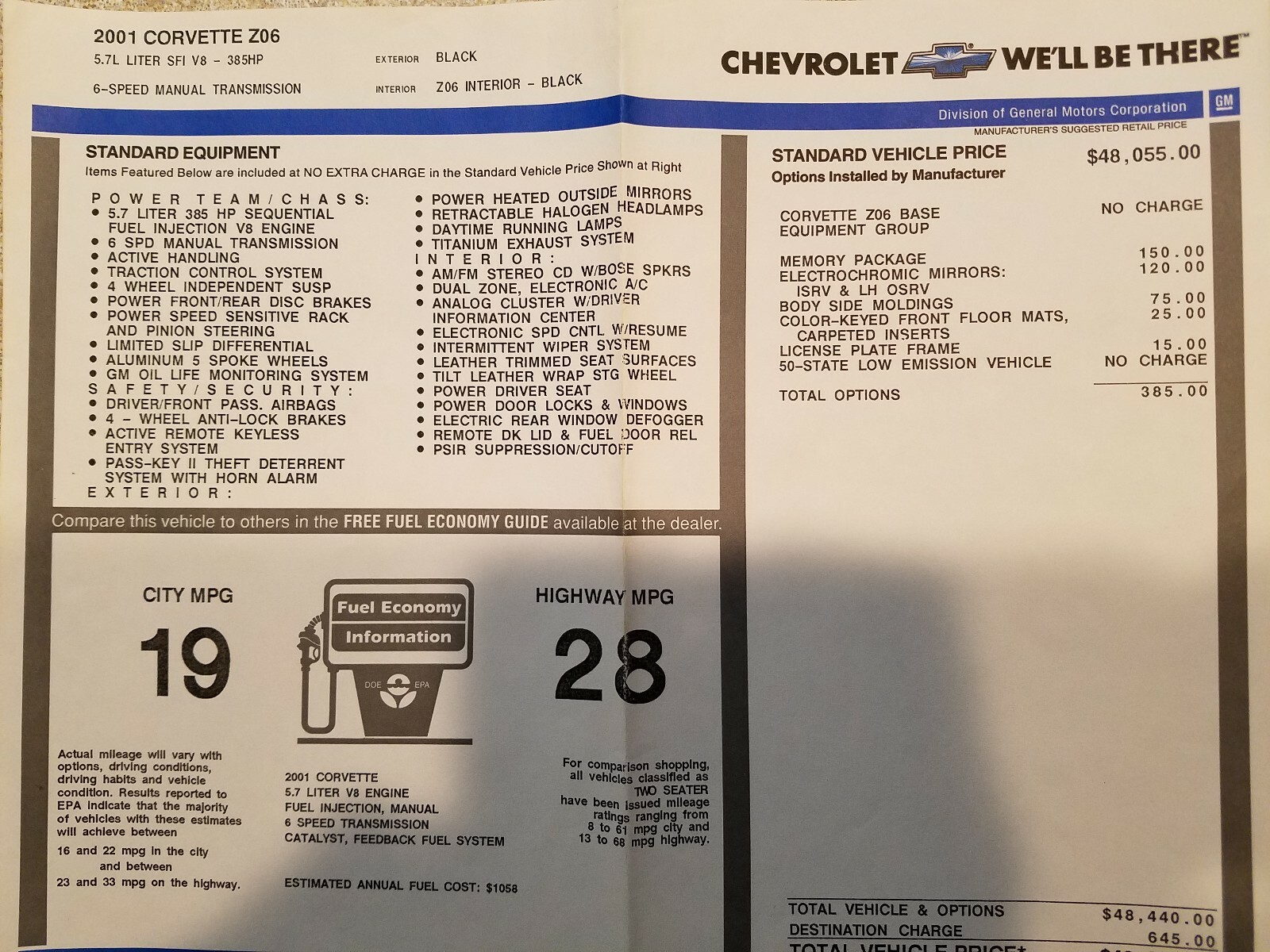 2001 Chevrolet Corvette Z06 Original MSRP Window Stickers