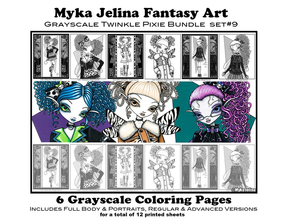 Myka Jelina Coloring Pages Twinkle Pixie Grayscale Set 9 Loose Leaf ...