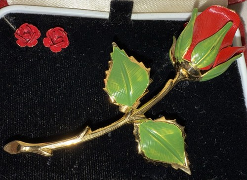 Vintage 3” Red Rose Brooch Pin And Stud Earrings Set In Original Gold ...