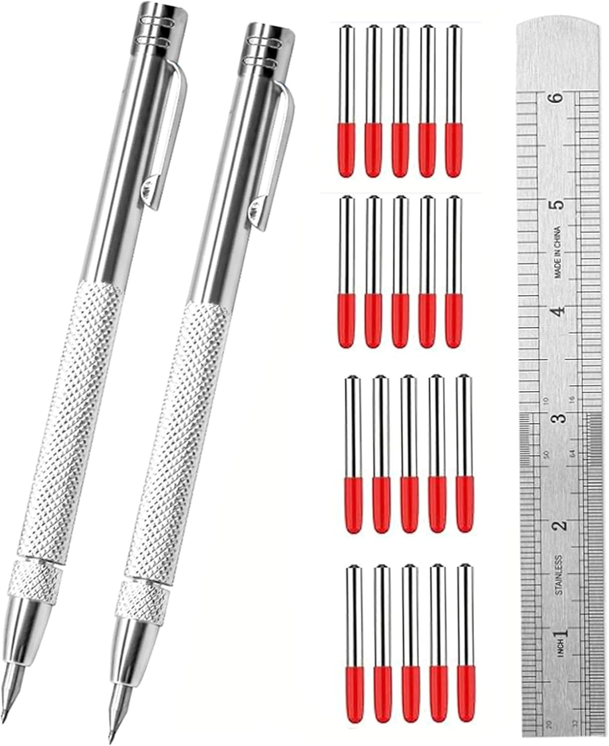 2 Pack Tungsten Carbide Tip Scriber Tool with 10 Refills 1 Ruler, Metal ...
