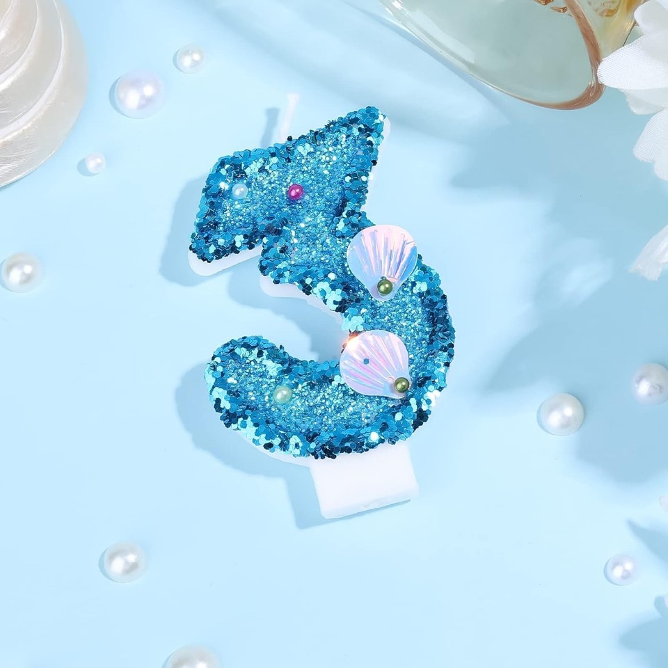 3 Inch Blue Glitter Number 3 Candle, Modern Starfish Theme, Birthday ...