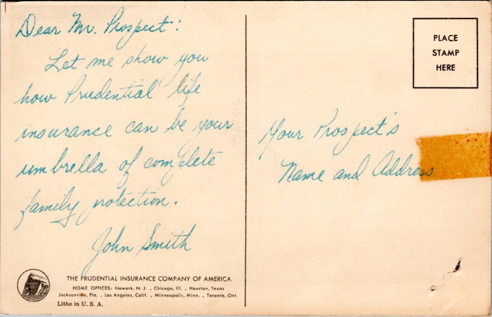 Postcard Prudential Insurance advertisement sample - Umbrella family ...