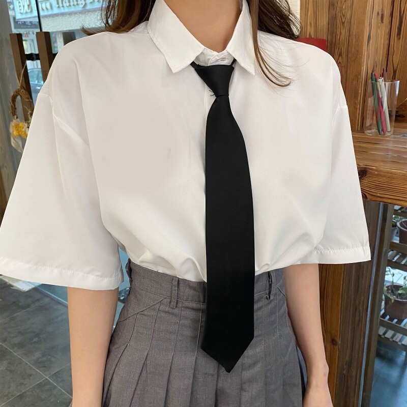 Retro Solid Color Silky Narrow Necktie School Uniform Zipper Pre-Tied ...
