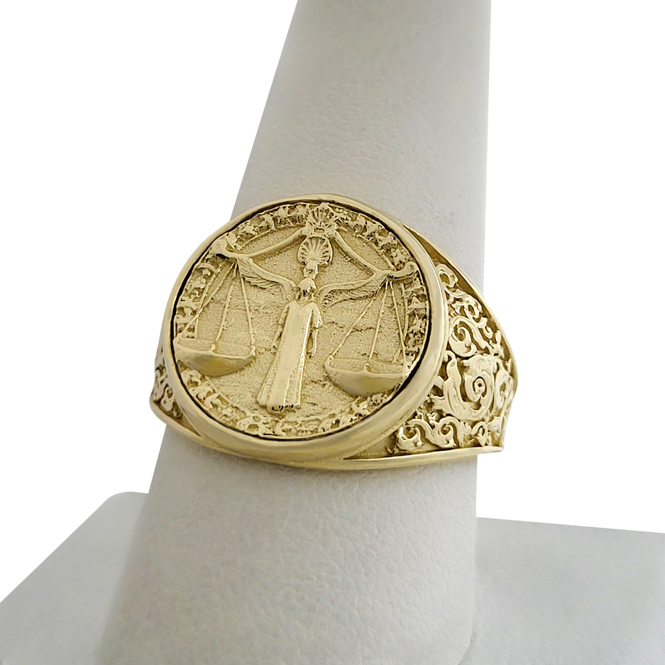 Real 14K Yellow Gold Libra Ring, Zodiac Sign Mens Gold Coin Ring ...