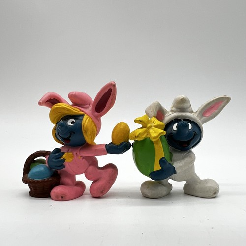Smurfs Easter Bunny Suit Smurf & Smurfette Vintage Peyo Schleich Lot Of ...
