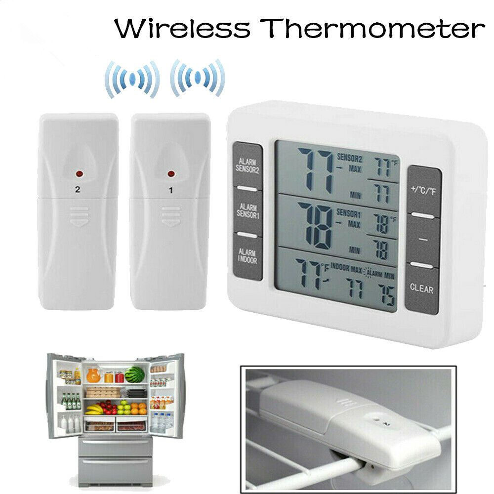 Wireless Fridge Thermometer Digital Freezer Alarm Gauge Home Monitor 2 ...