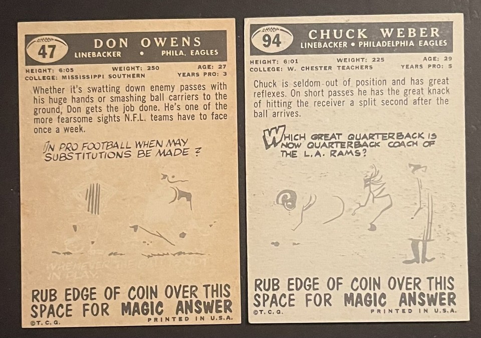 (2) 1959 TOPPS DON OWENS ROOKIE RC #47 CHUCK WEBER #94 PHILADELPHIA ...